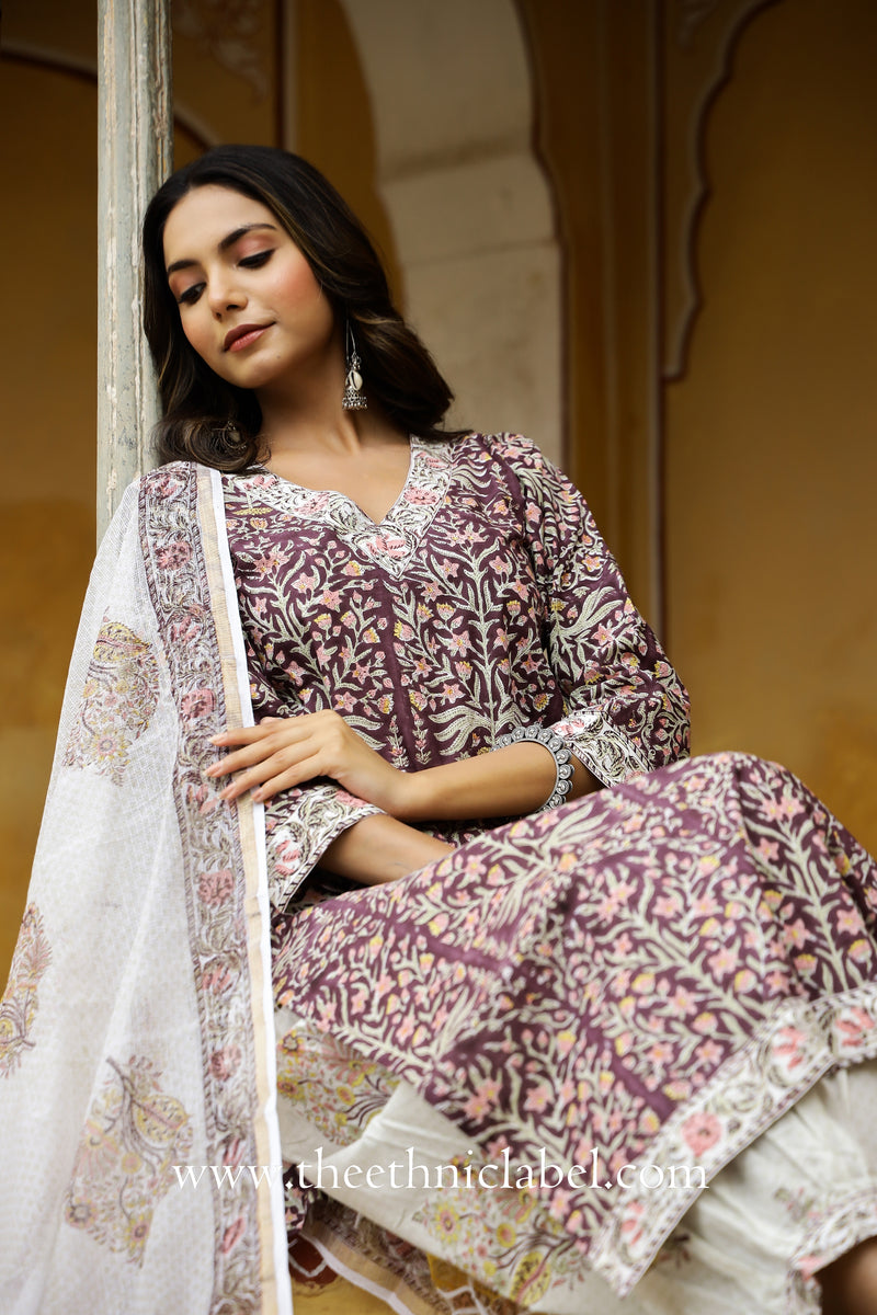 "Gul" Cotton Kurta Set with Afghan Pants and Kota Dupatta- 3pc – The Ethnic Label