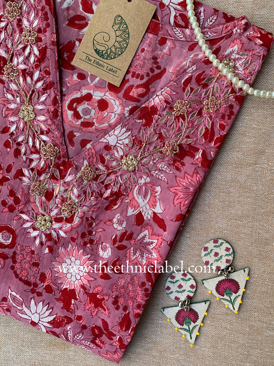 "Jaanki" Hand Embroidered Block Printed Cotton kurta – The Ethnic Label