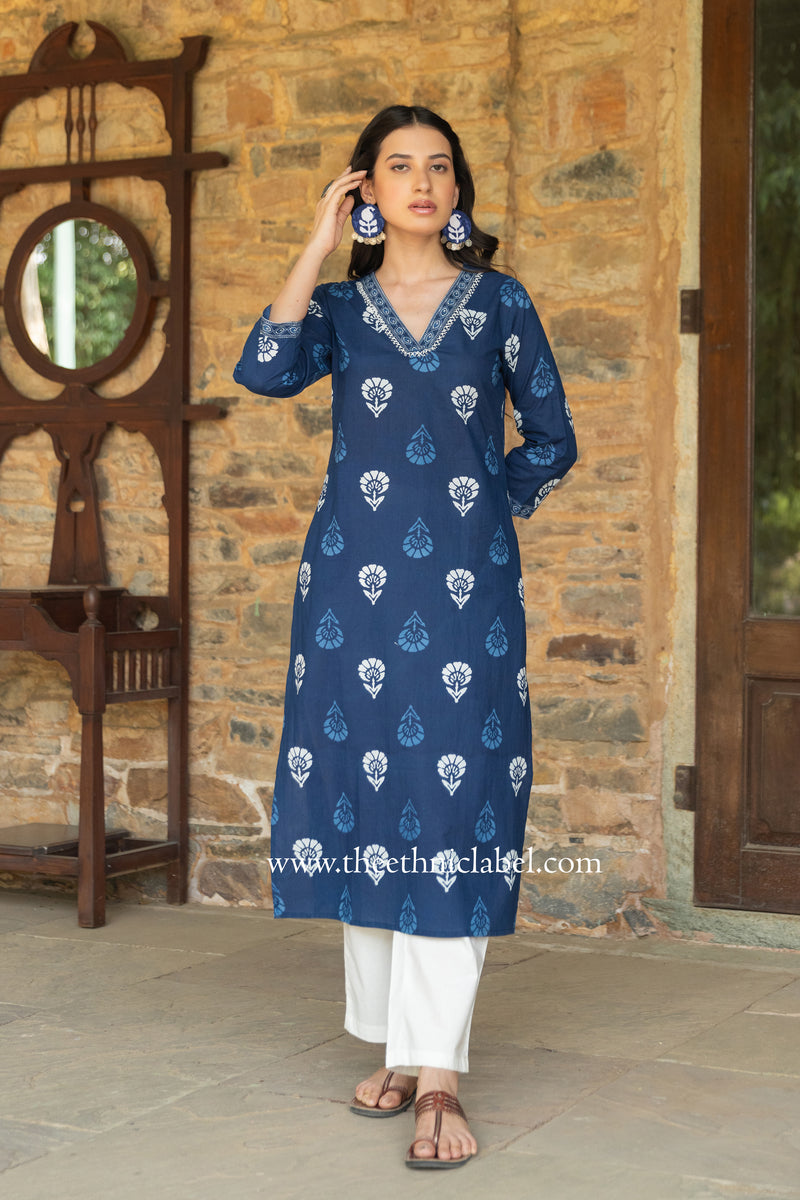 "Madhavi" Indigo Hand Embroidered Cotton kurta- big size – The Ethnic Label