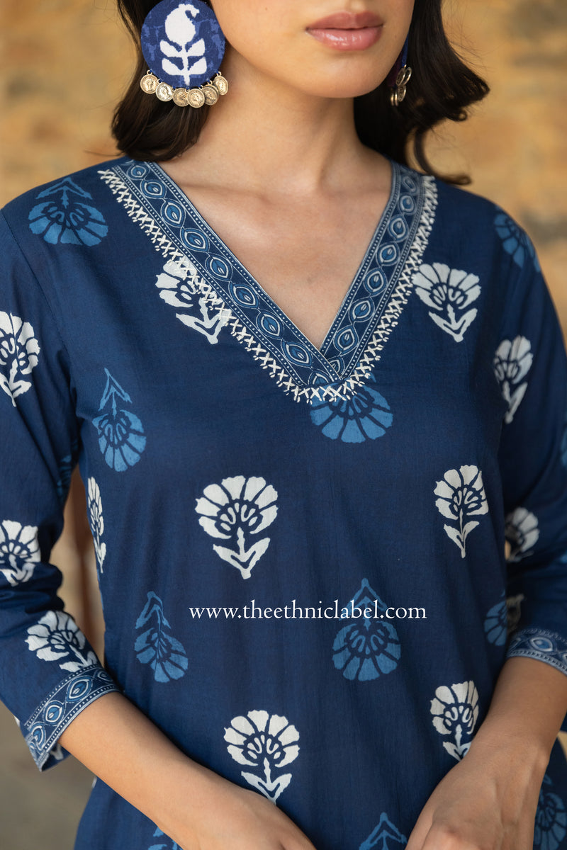 "Madhavi" Indigo Hand Embroidered Cotton kurta- big size – The Ethnic Label