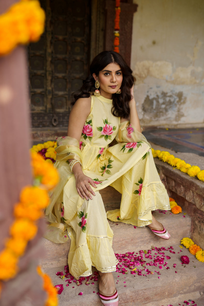 Hand Painted Yellow Sharara Set – The Ethnic Label