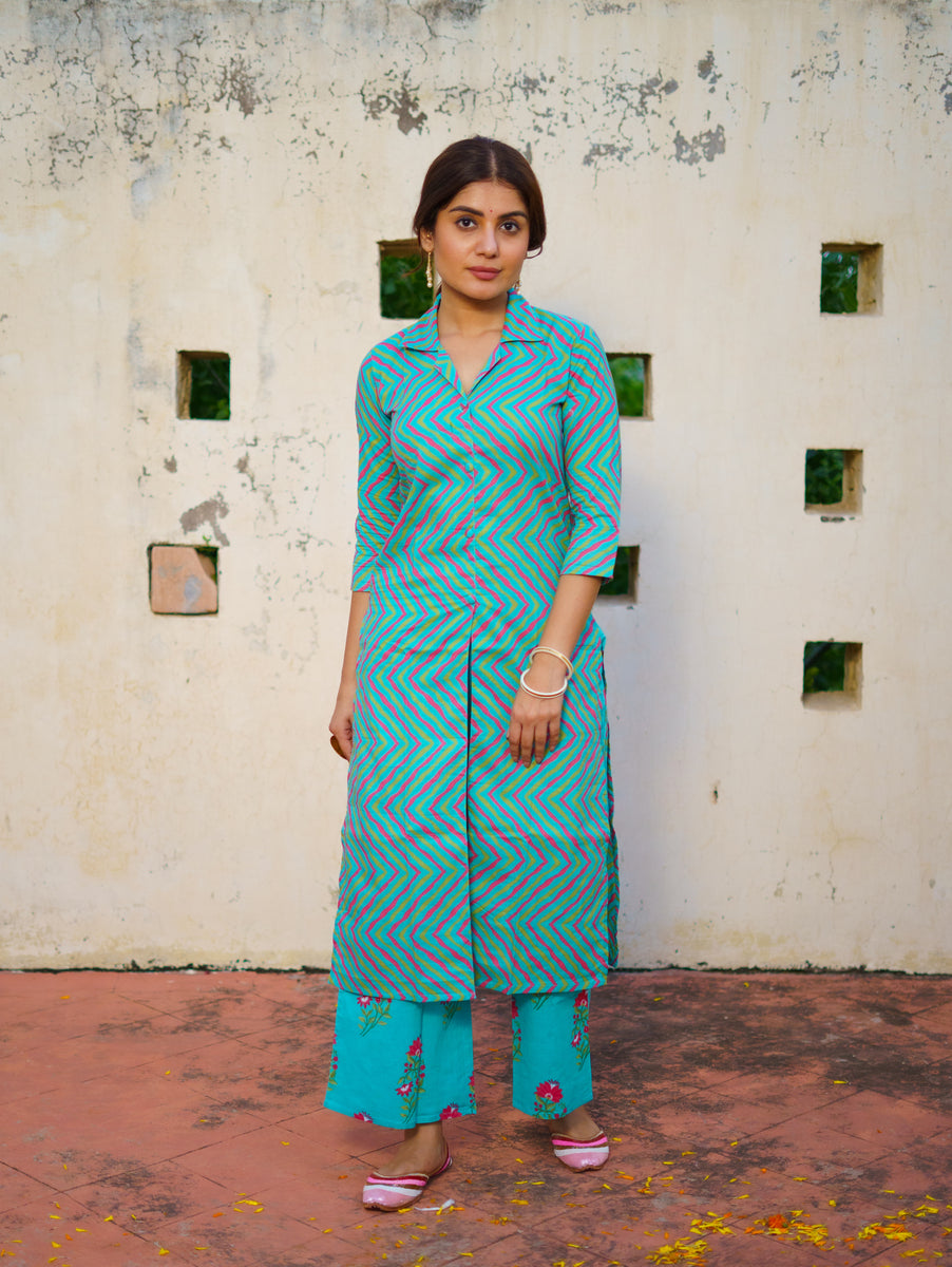 "Leher" Blue Cotton Kurta Set - 2pc – The Ethnic Label